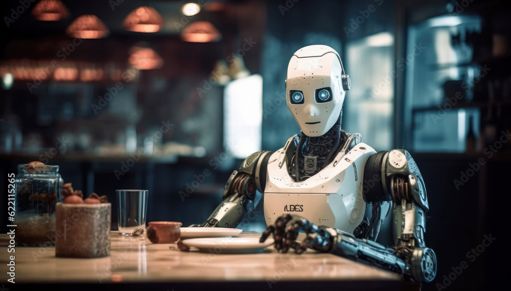 Robot customer is served by food service at an indoor restaurant table ...
