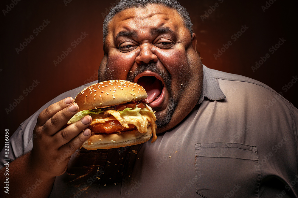 Latin fat man with a big burger. Obese middle aged man with hamburger ...