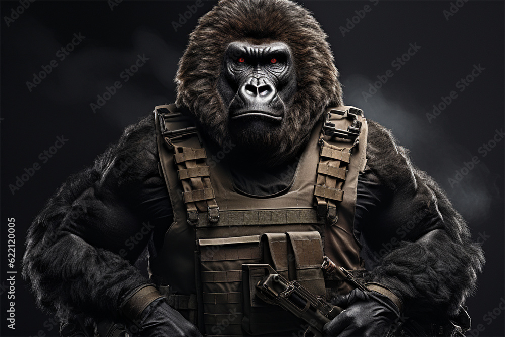 Generative AI. gorilla soldier wearing armed vest Stock Illustration ...