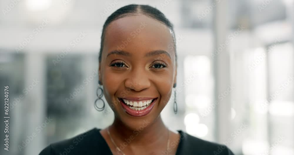 Face, funny black woman and designer in office, startup and workplace ...