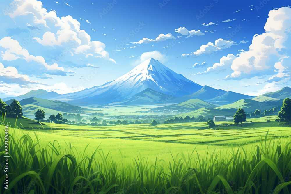 Generative AI. the background of an anime style rice field Stock ...