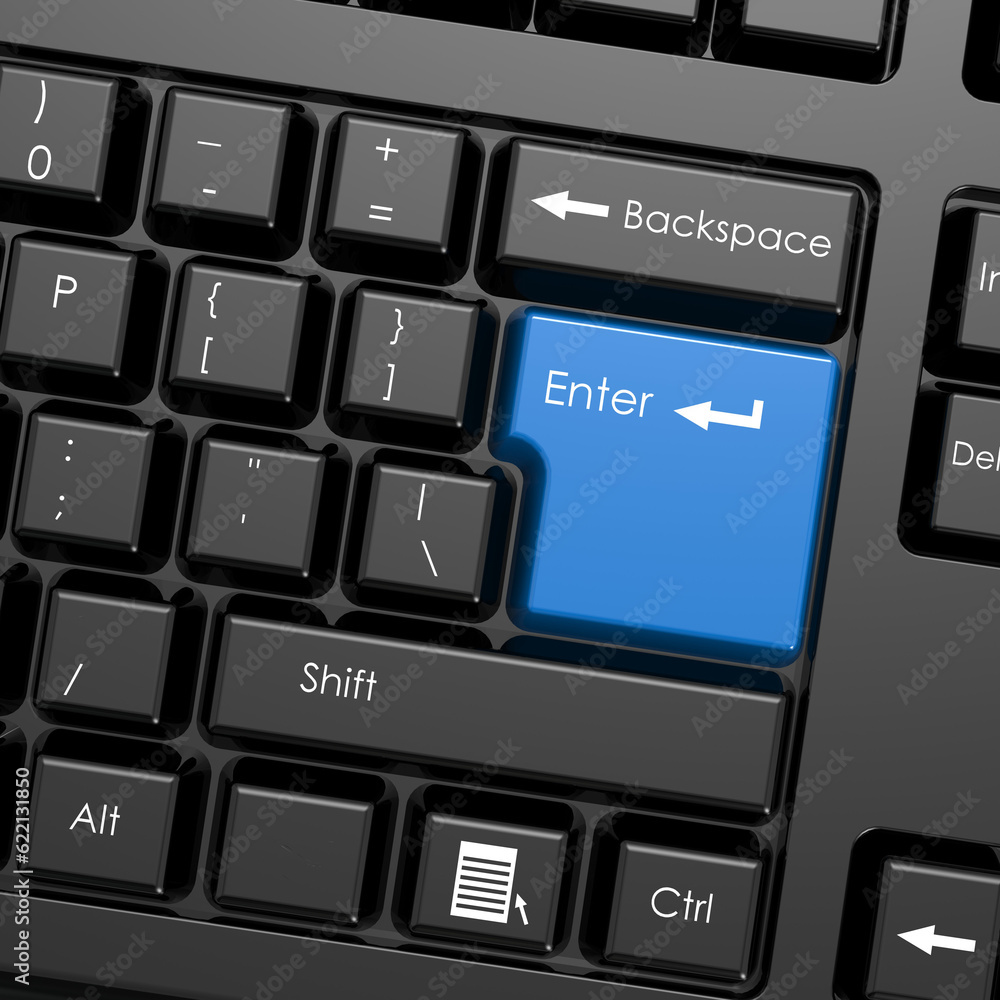 Blue enter button in black keyboard image with hi-res rendered artwork ...