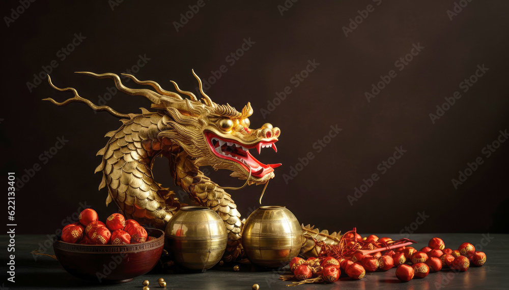 Chinese dragon with decorating spirit offerings props pay respect to ...