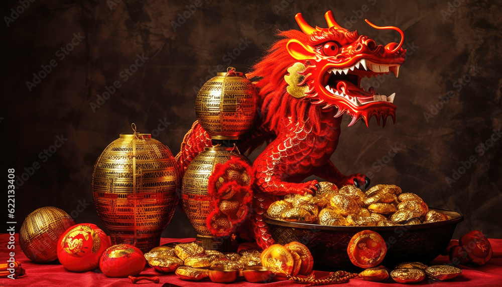 Chinese dragon with decorating spirit offerings props pay respect to ...