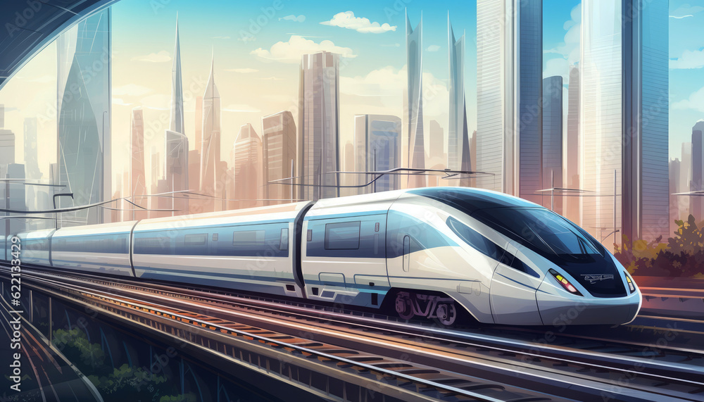 High speed Sky train electric train with city urban life background ...