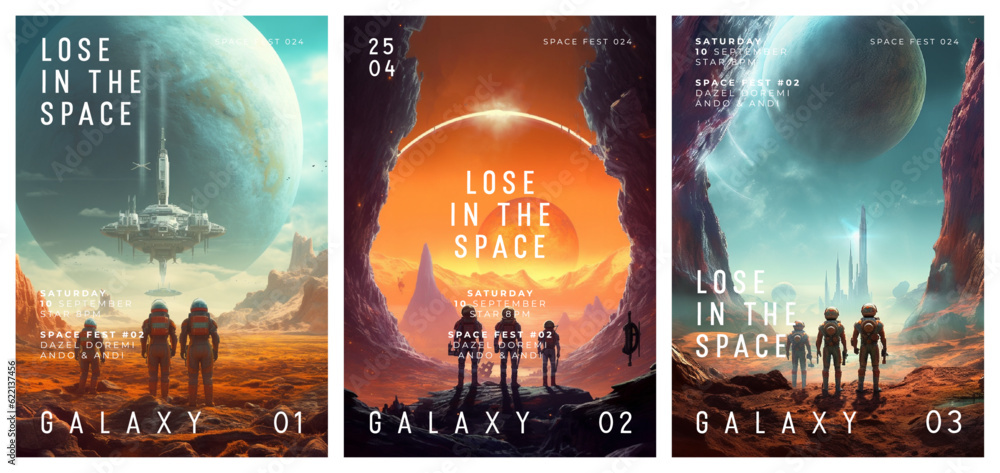 Space and science fiction. Set of vector illustrations for poster ...