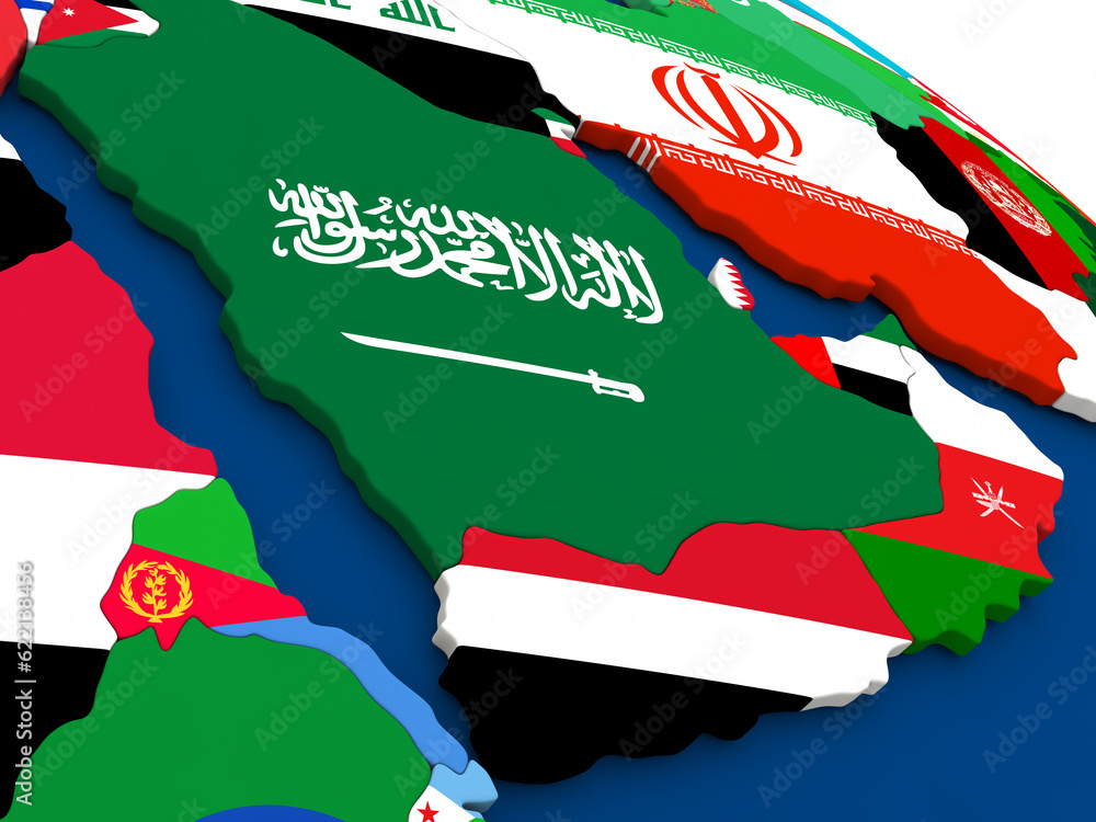 Map of Arab peninsula on globe with embedded flags of countries. 3D ...