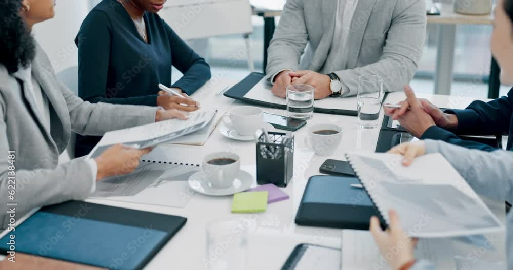 Documents, planning and strategy with business people in meeting for ...