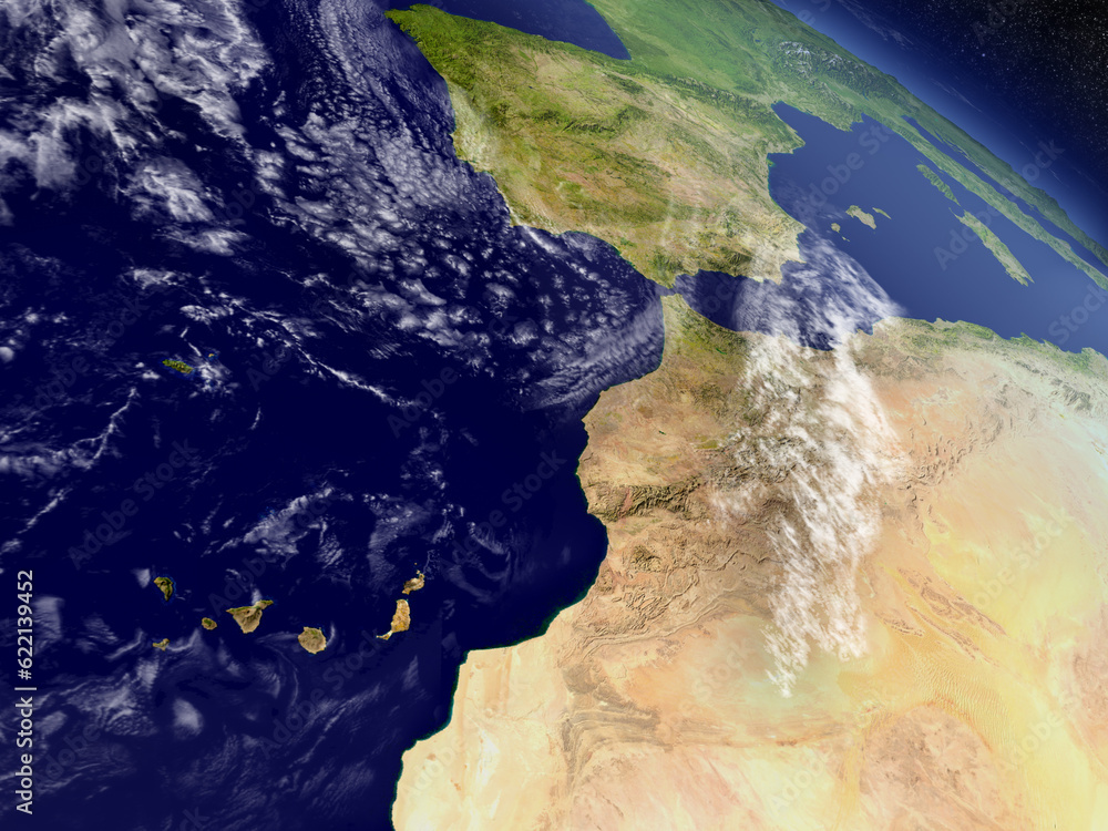 Morocco with surrounding region as seen from Earth's orbit in space. 3D ...