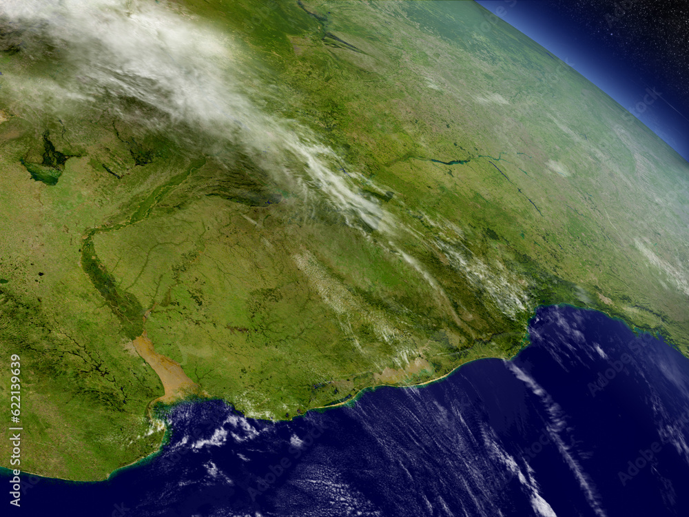 Uruguay with surrounding region as seen from Earth's orbit in space. 3D ...