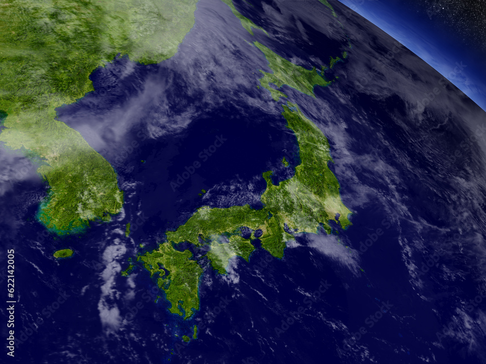 Japan with surrounding region as seen from Earth's orbit in space. 3D ...