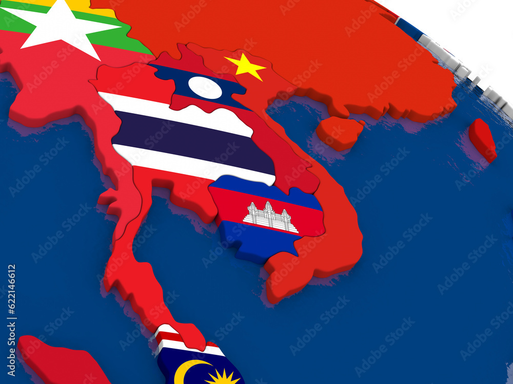Map of Thailand with embedded flags on 3D political map. Accurate ...