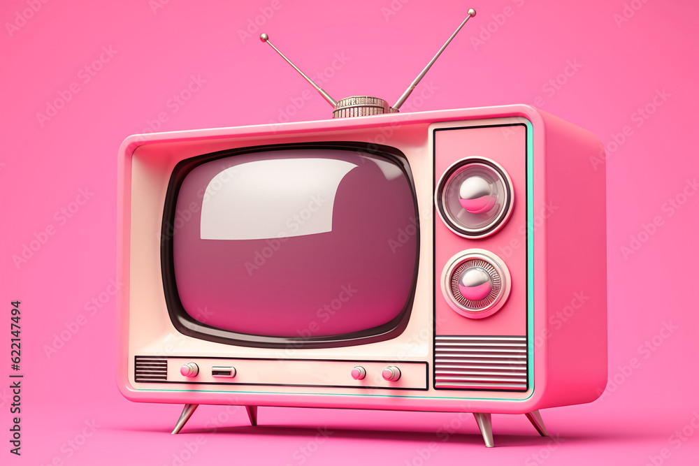 Vintage TV with a large domed screen on bright pink yak background ...