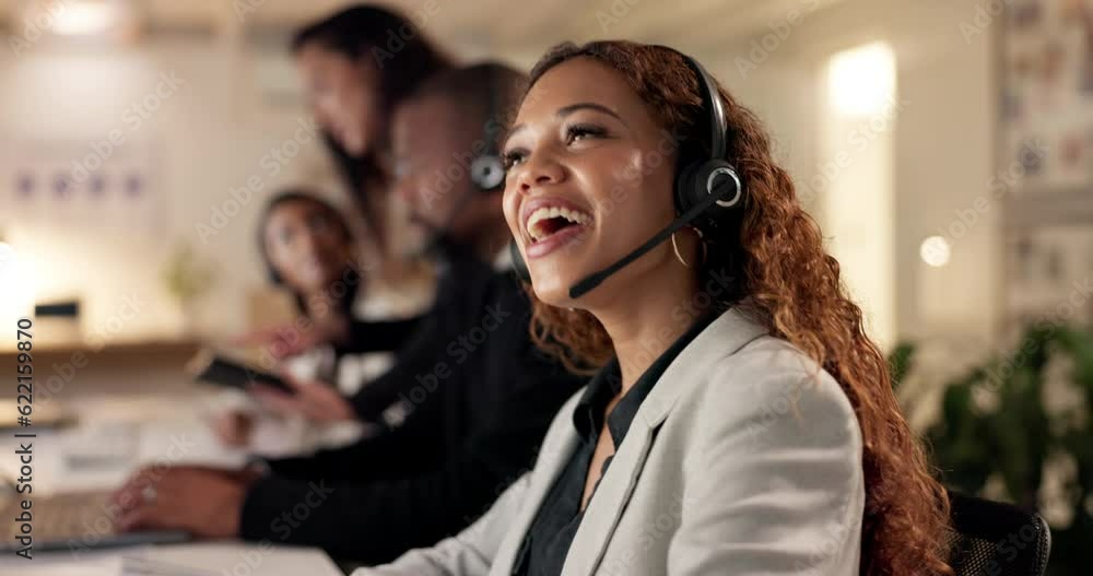 Call center, woman and customer service for happy sales contact ...