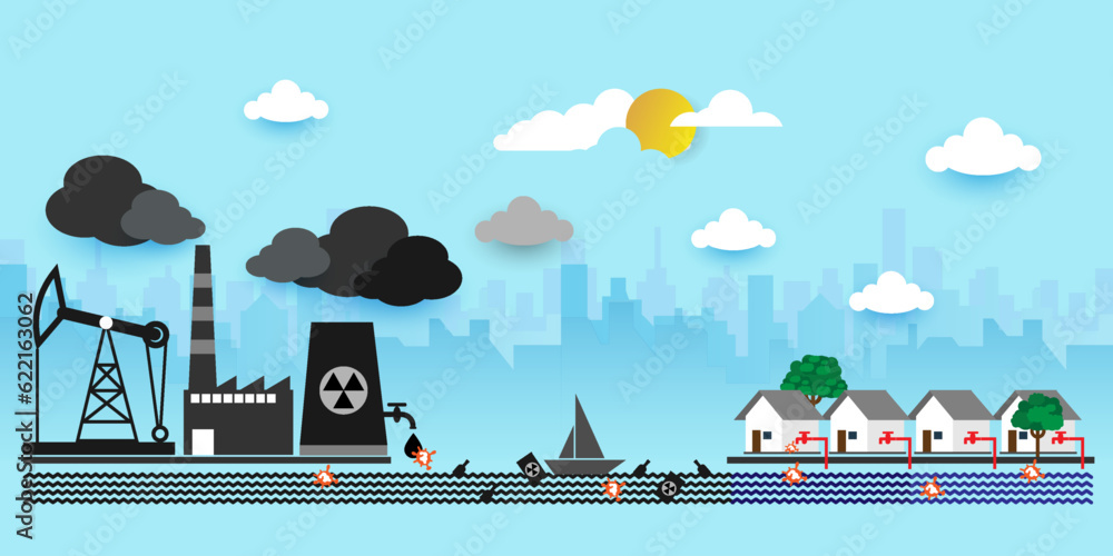 water contamination concept With icons. Cartoon Vector People ...