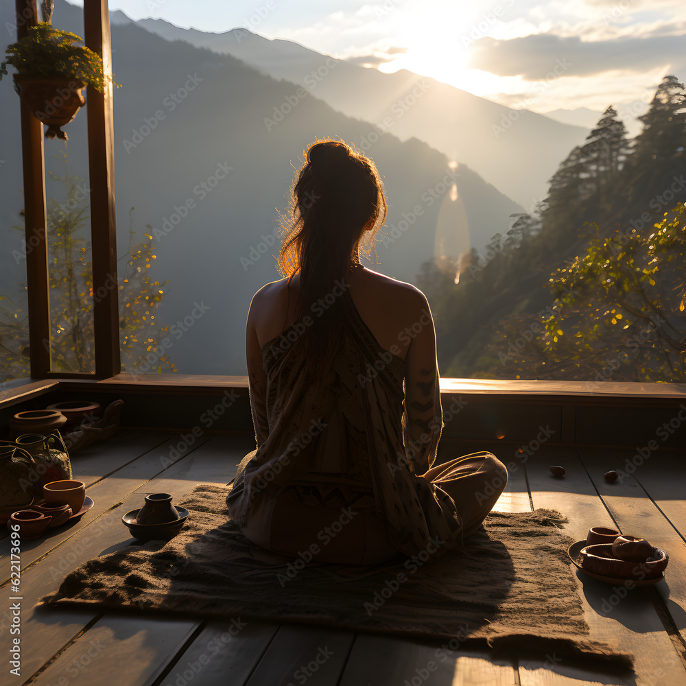 Women meditating on a balcony in mountains, nature healing, mental ...