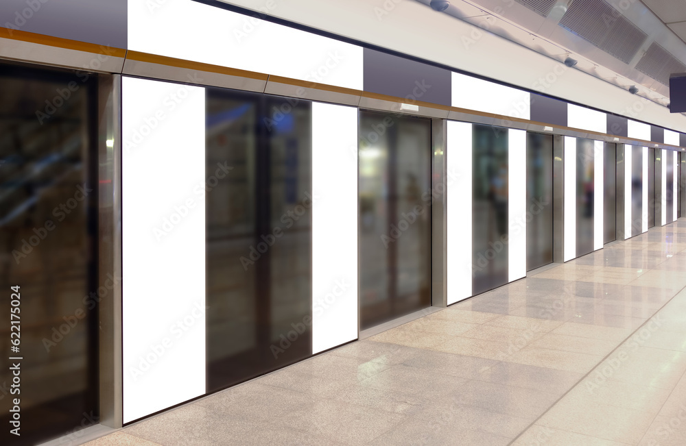 Perspective view of mockup of multiple blank banners, posters, in ...