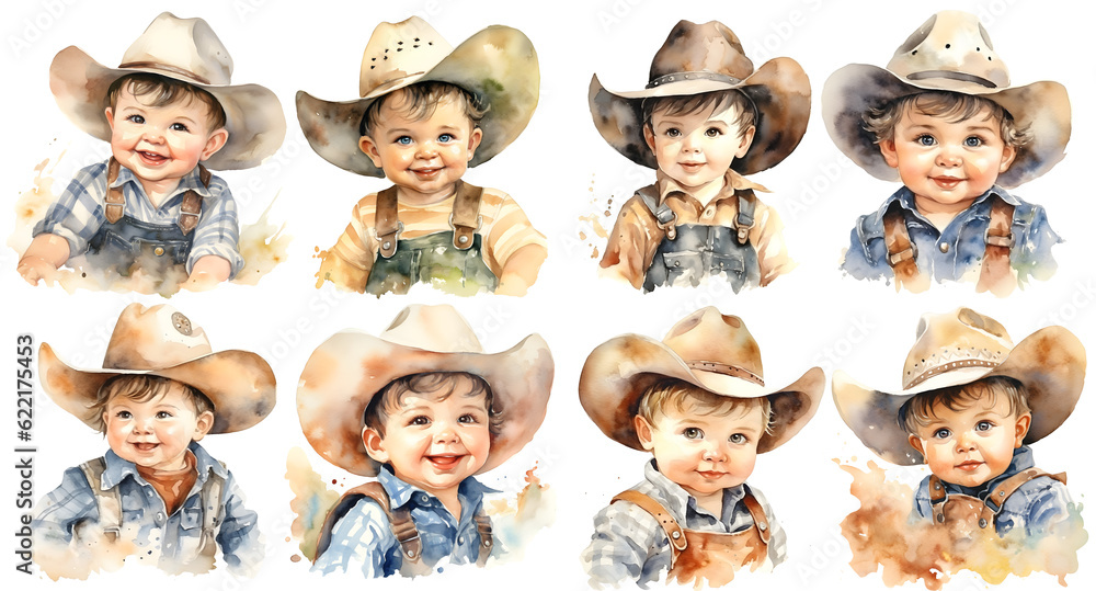 set of cute little Cowboys in watercolor, Clipart on isolated ...
