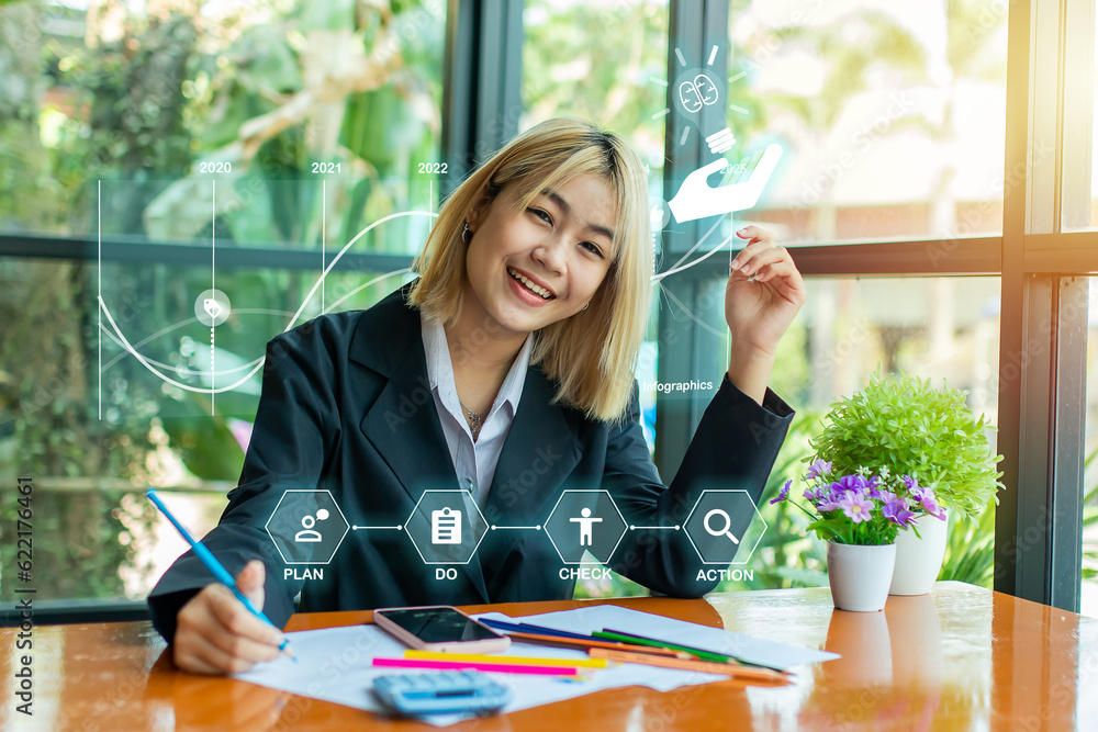 Business woman radiates confidence and joy as she efficiently tackles ...