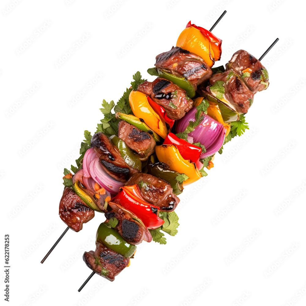 Delicious Grilled meat and vegetable kebab skewer isolated on transparent background Remove png ...