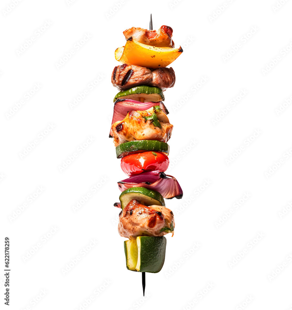 Delicious Grilled meat and vegetable kebab skewer isolated on transparent background Remove png ...