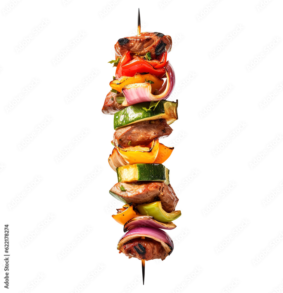Delicious Grilled meat and vegetable kebab skewer isolated on transparent background Remove png ...