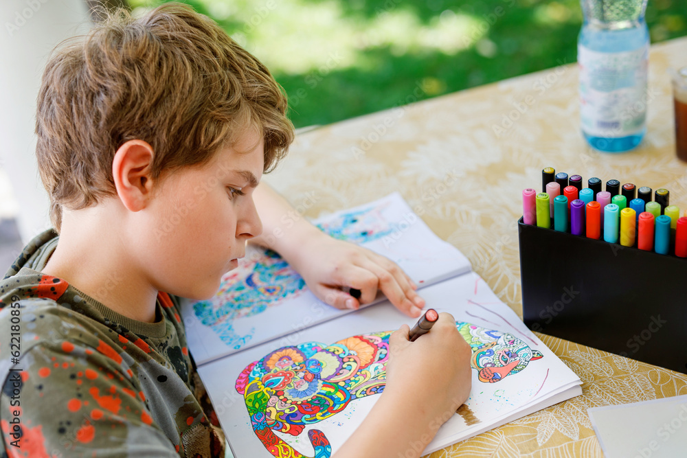 Preteen School Boy Drawing with Felt Pens. Back to School. Caucasian ...