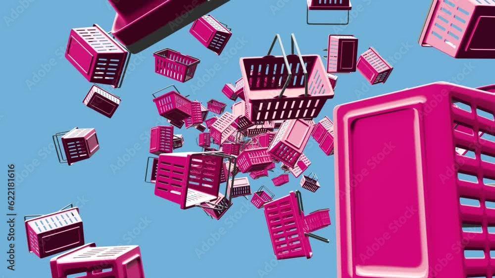Purple plastic shopping baskets on pale blue background. Toon style ...