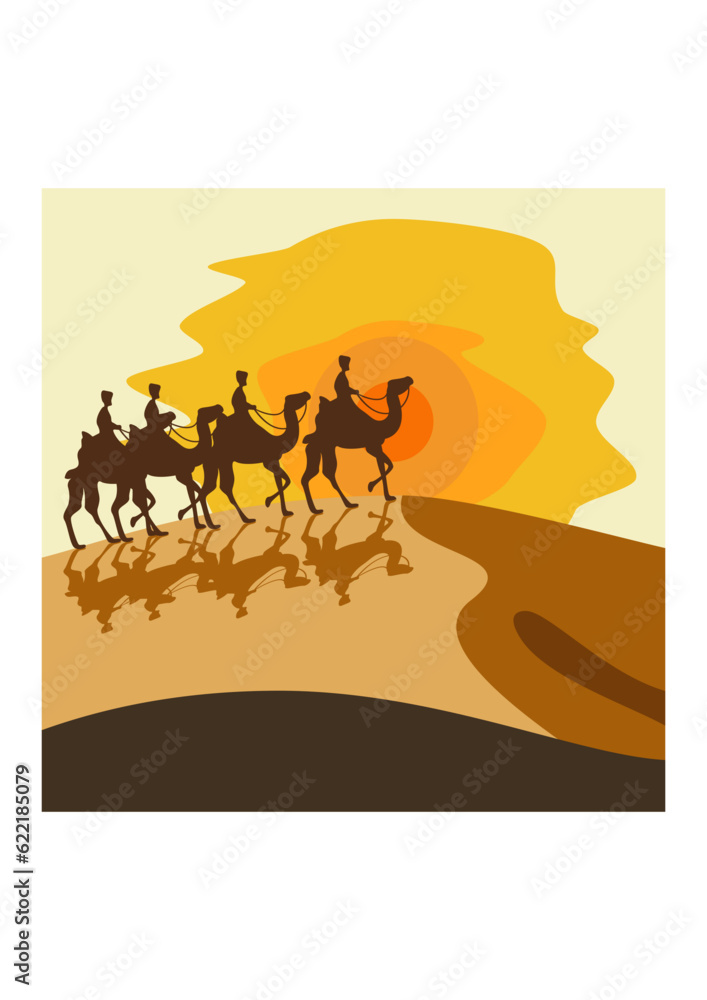 Editable Camel Caravan on Desert Vector Illustration for Middle Eastern ...