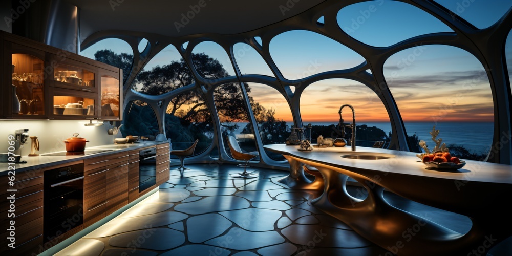 futuristic organic architecture design, luxury and modern kitchen with ...
