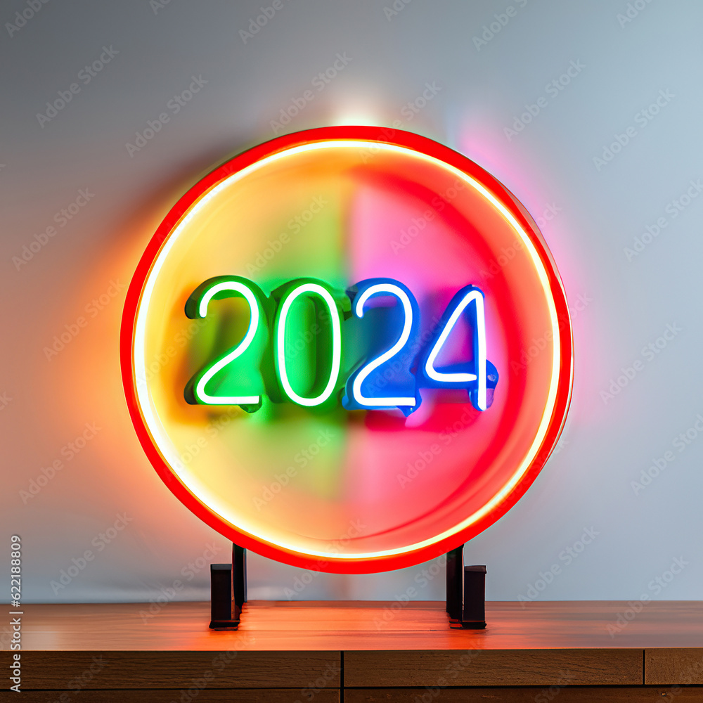 Neon sign number 2024, happy new year 3d text celebration party. Happy ...