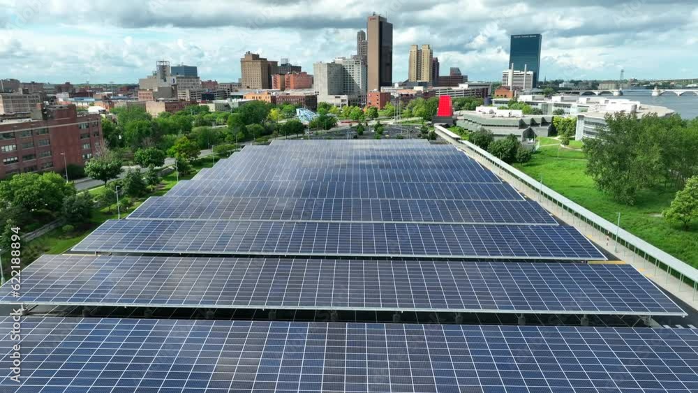 Large solar panel array above parking garage outside of downtown ...