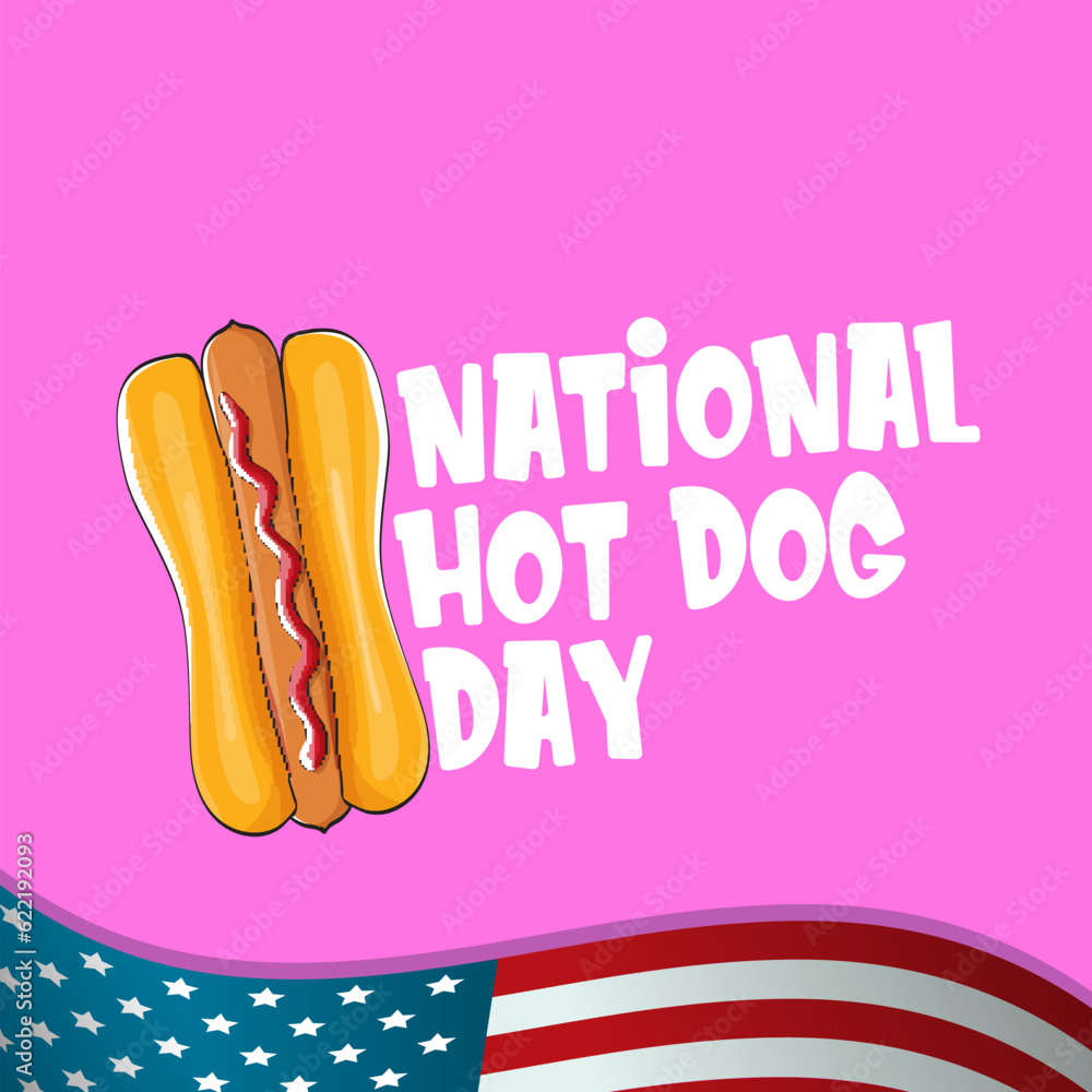 National hot dog day poster with funny cartoon hot dog. Hot dog day ...