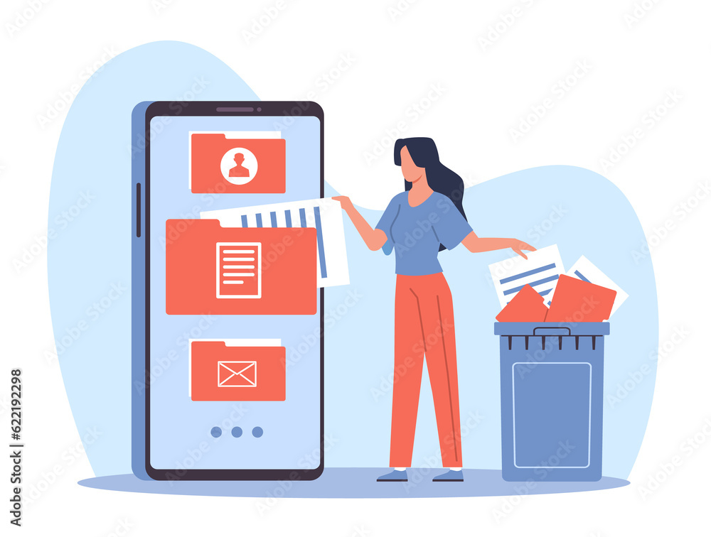 Woman cleaning cell phone from junk files. Delete documents in trash, optimization smartphone ...