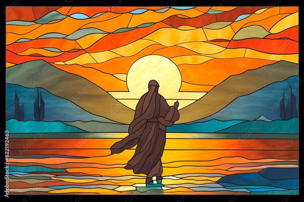 Stunning stained-glass depiction of Jesus walking on water, radiant ...