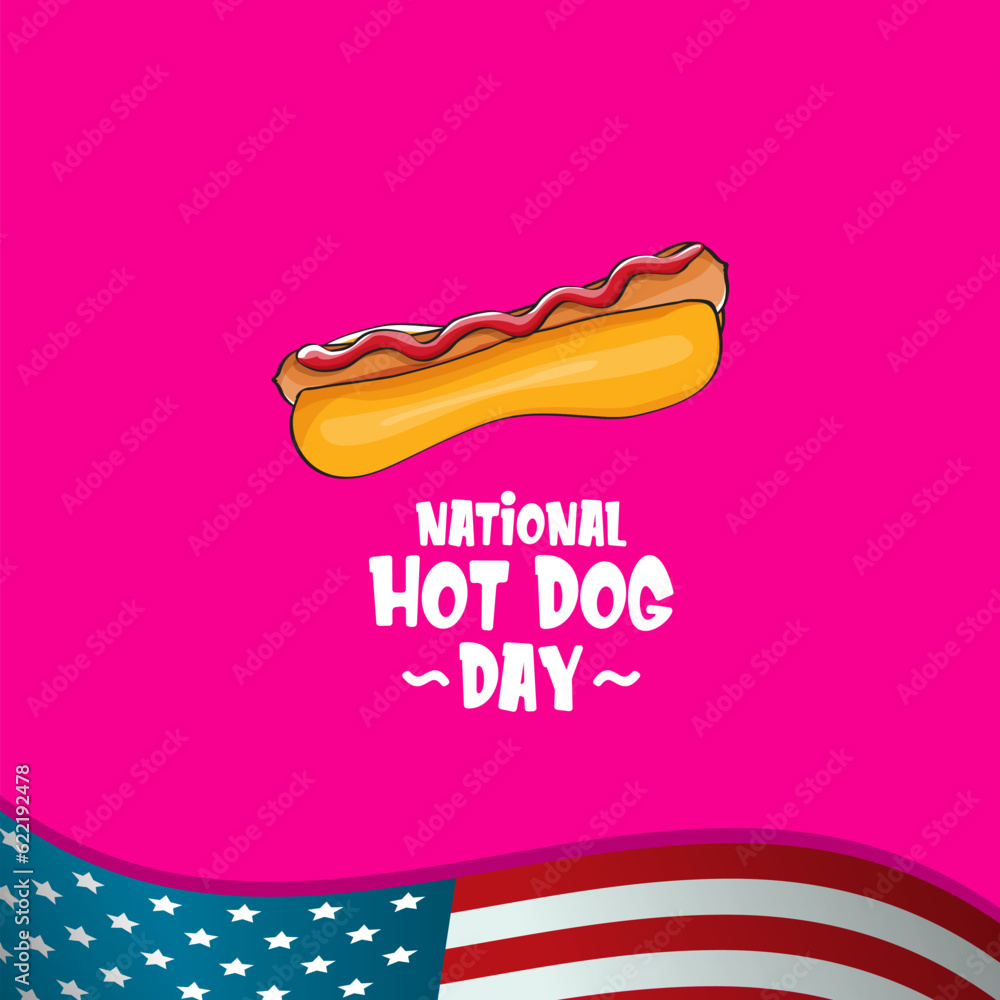 National hot dog day poster with funny cartoon hot dog. Hot dog day ...