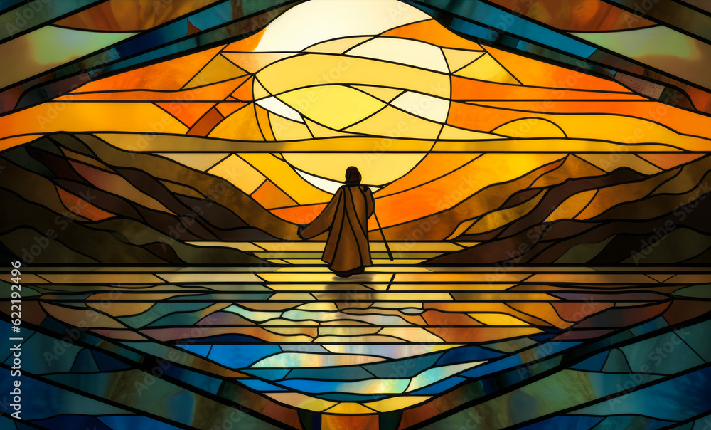 Radiant Stained Glass depiction of Jesus walking on the waters of a ...