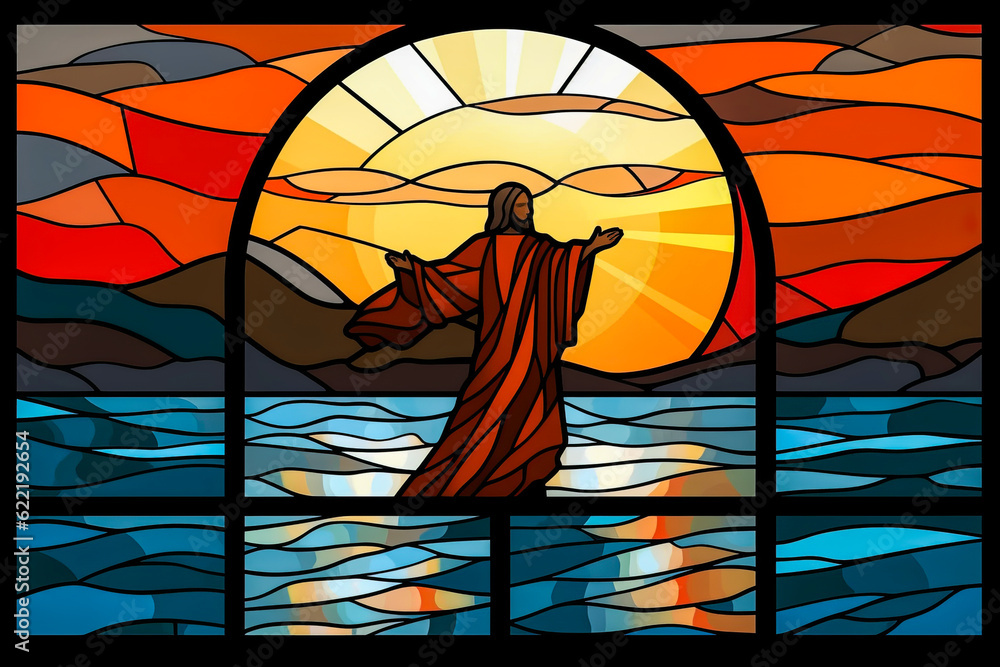 Stunning stained glass showcases Jesus on water, reflecting Matthew 14: ...