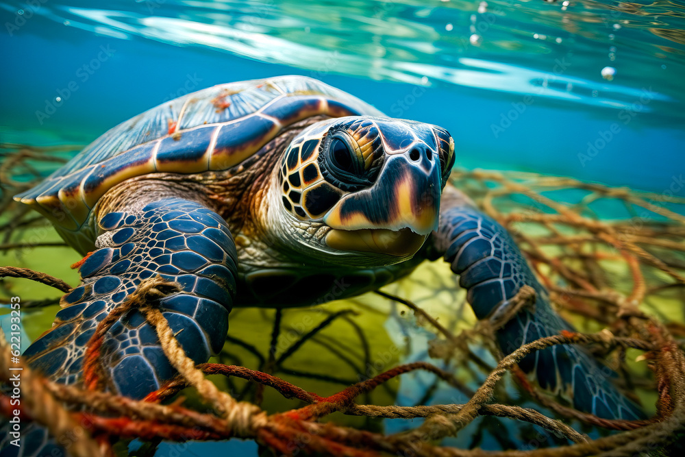 Dramatic sea turtle entangled in vibrant red six-pack plastic ring ...