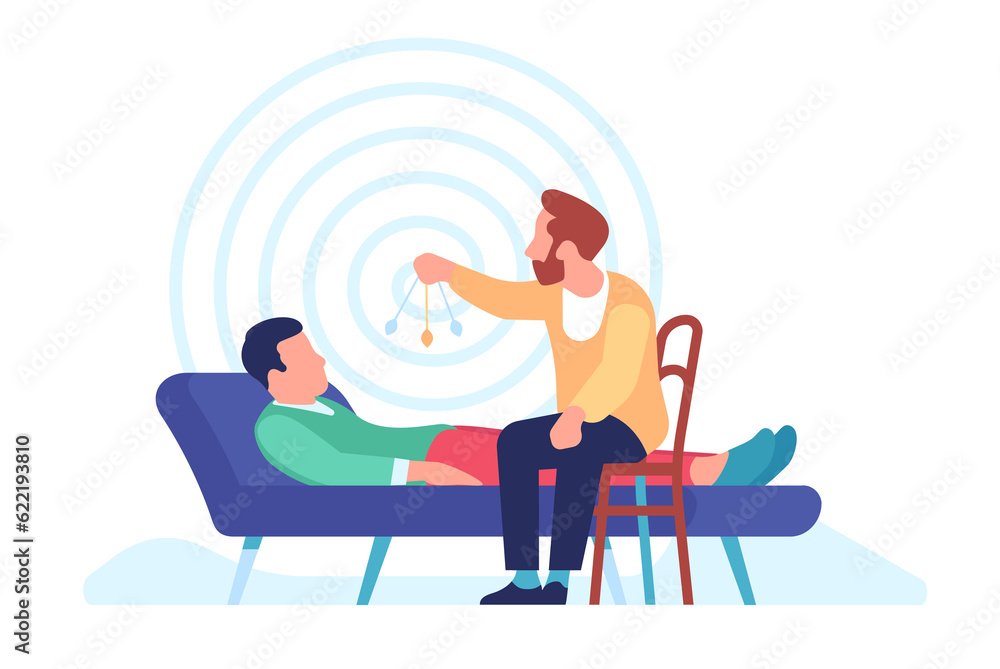 Man conducts hypnotherapy session for his visitor. Patient lying on ...