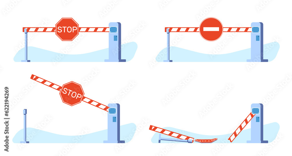 Set of open and closed barriers with stop sign and passage closed ...
