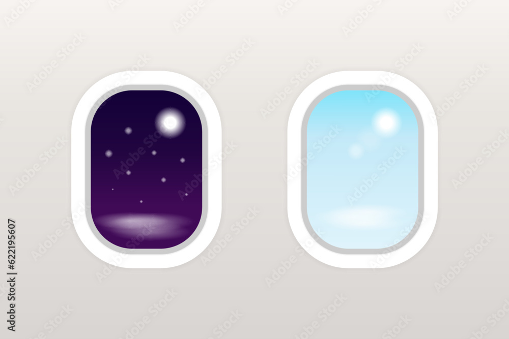 Vetor de Realistic Detailed 3d Airplane Window. Plane window at night ...