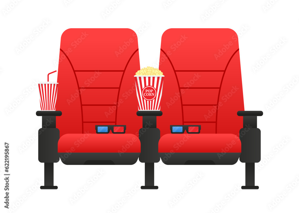 Seats in the cinema with popcorn, drinks and 3d glasses. Flat vector ...