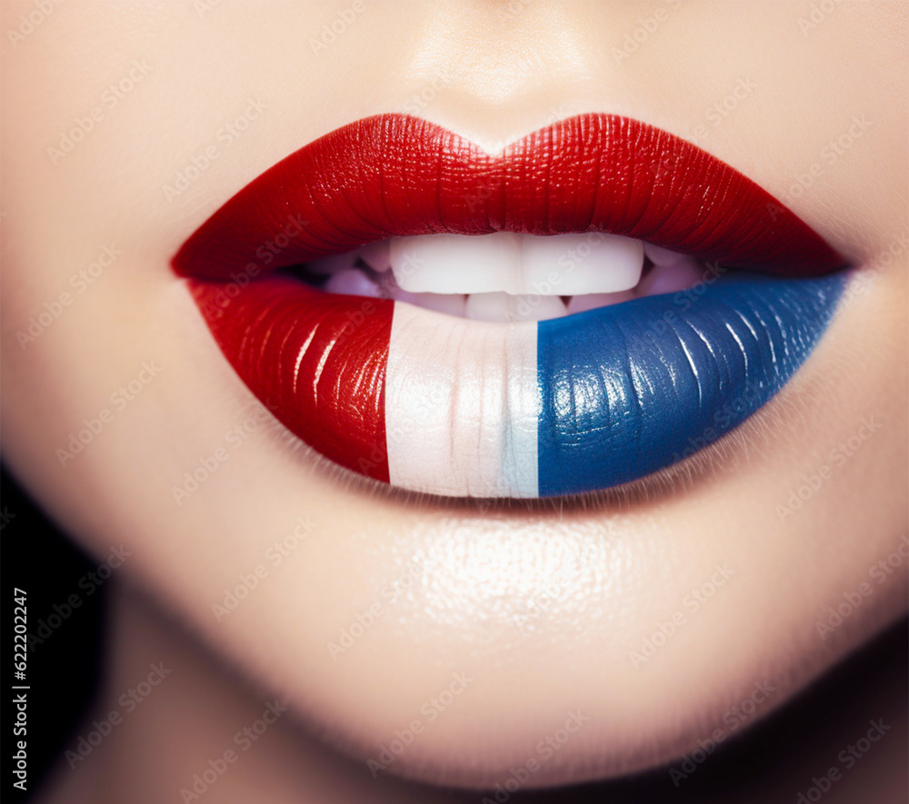 Beautiful female lips painted in the colors of the English flag on a ...