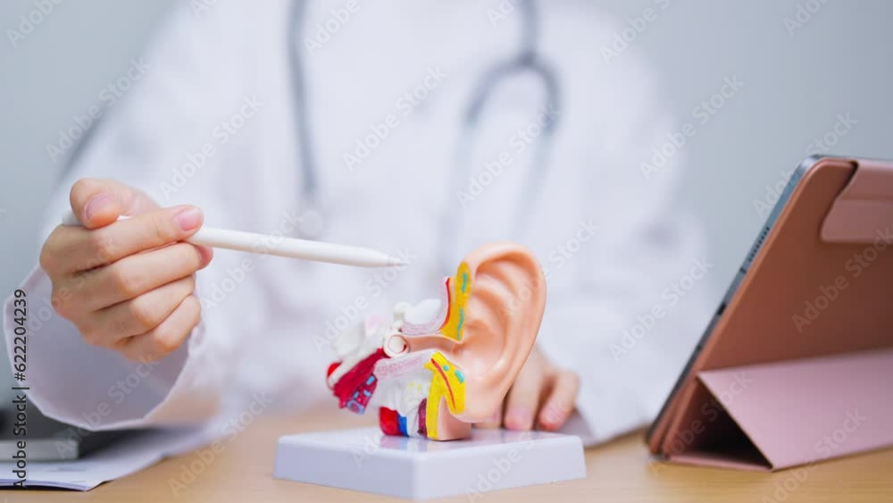 Doctor with human Ear anatomy model. Ear disease, Atresia, Otitis Media ...
