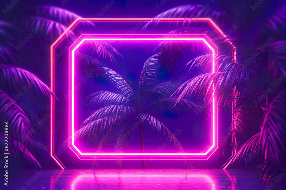 Purple neon frame on leaves surrounded by ferns, in the style of ...