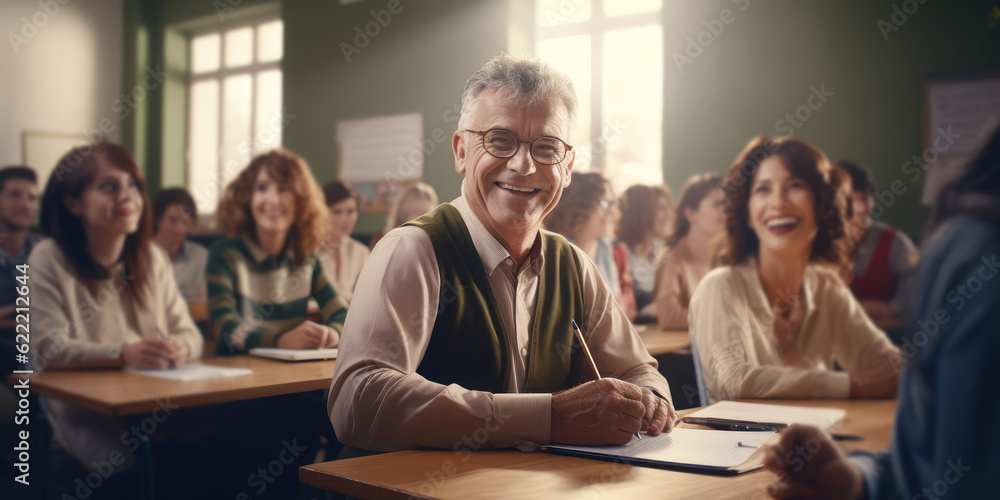adult education mature senior man student sitting in classroom smiling ...