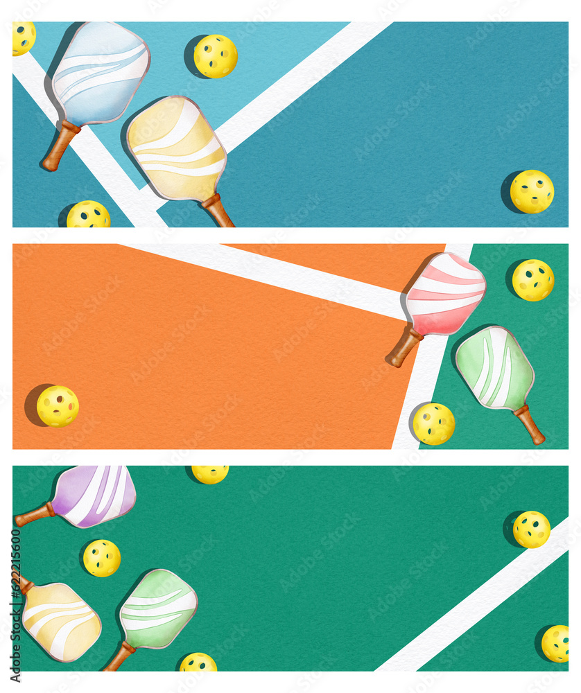 Set of template for pickleball flyer, and banner. Rackets and yellow ...