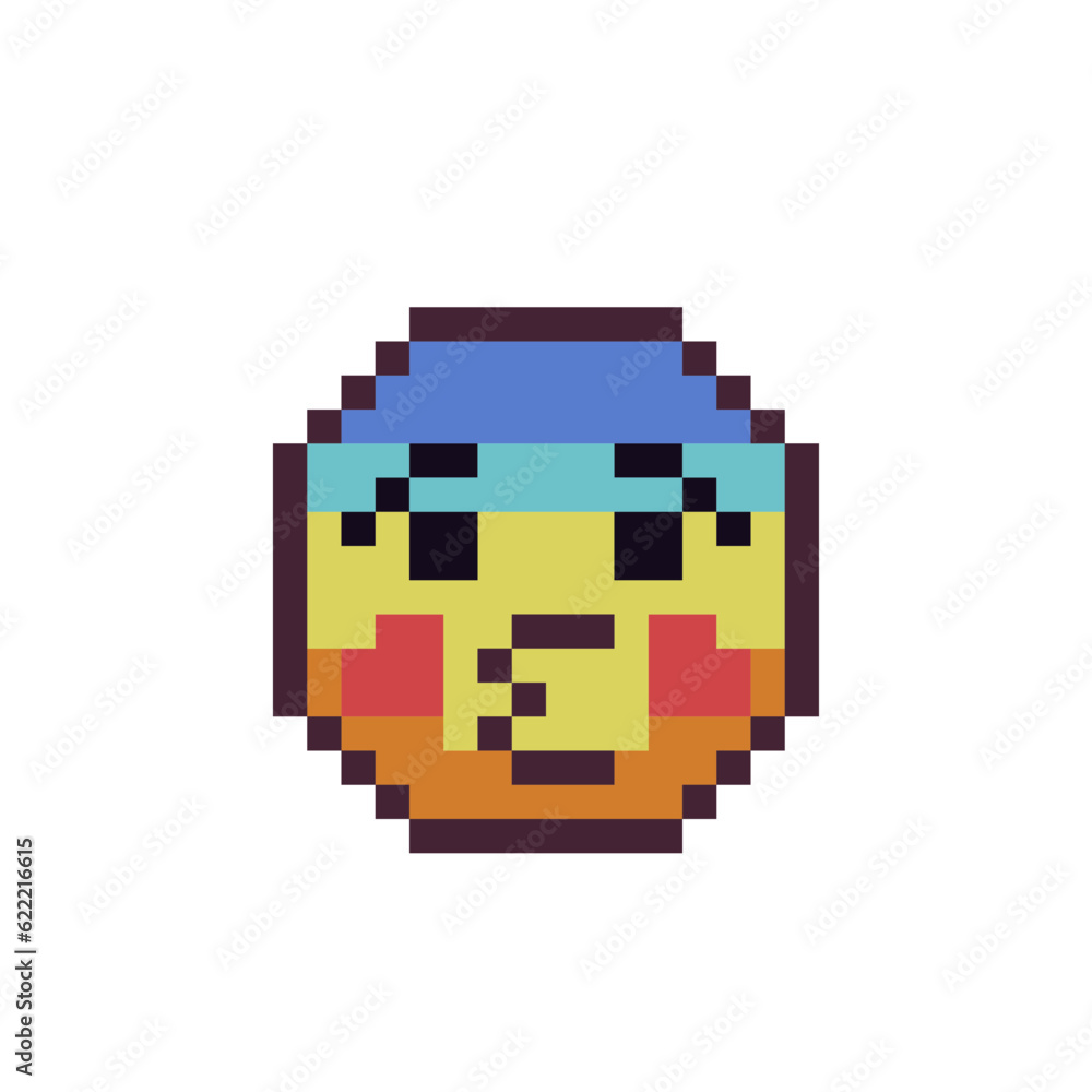 Kissing rainbow emoticon with hearts on cheeks, pixel art icon, cute ...