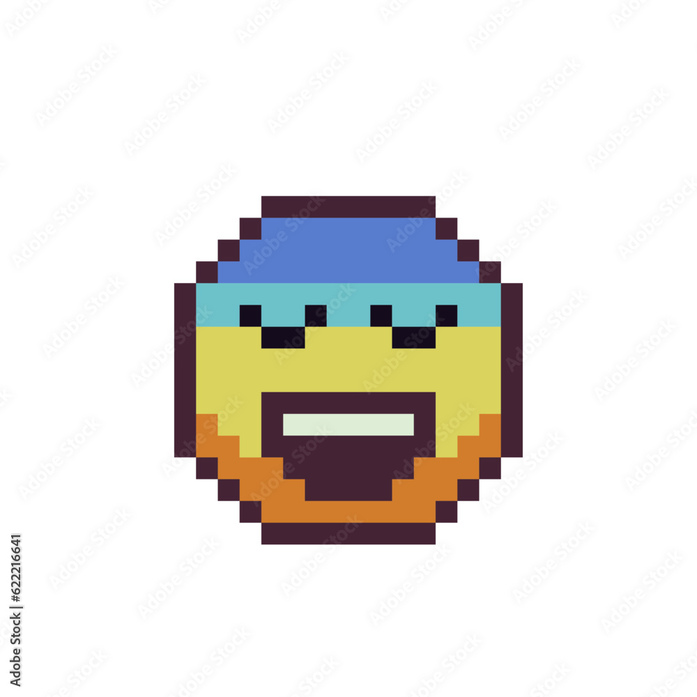Rainbow face with smile and closed eyes pixel art icon. Cartoon ...